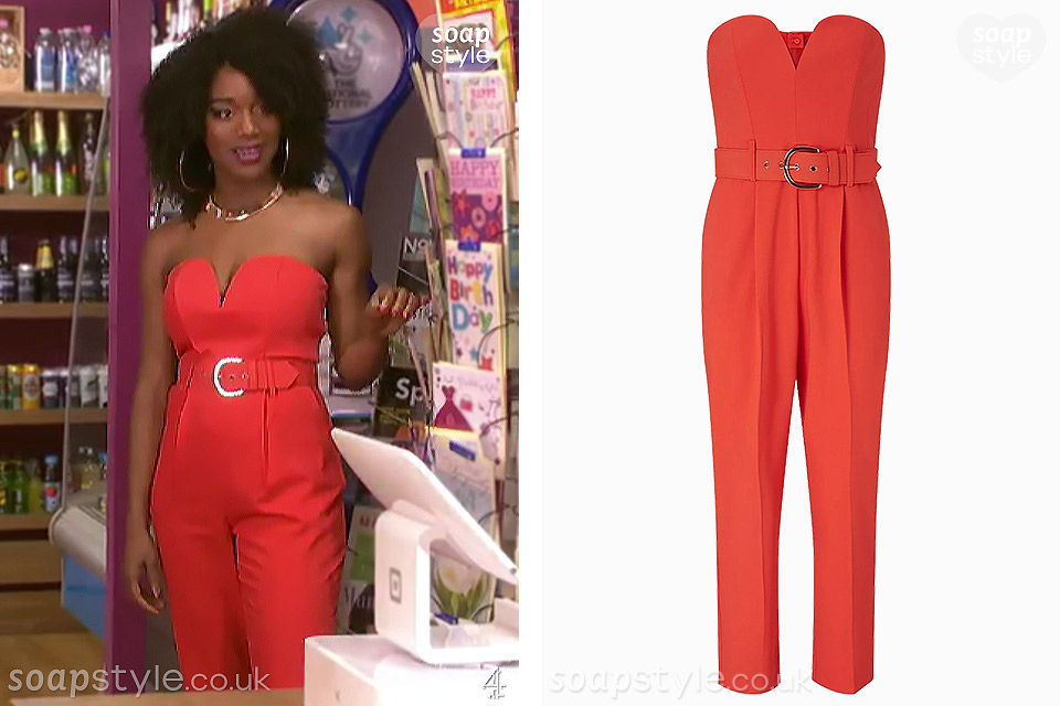 Lisa Loveday Red Jumpsuit on Hollyoaks - Where From | SoapStyle