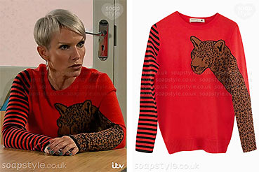 Debbie in Coronation Street red animal jumper - Found! | Soap Style