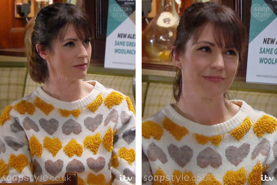 Kerry in Emmerdale yellow heart jumper - Where from | SoapStyle